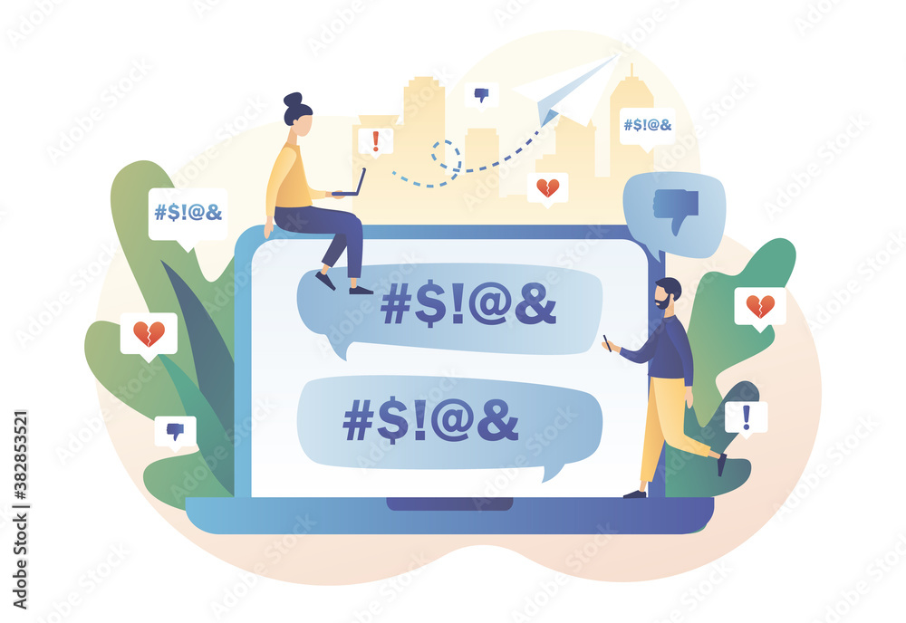 Haters online.Tiny people put dislikes and write negative comments on laptop. Cyberbullying ...