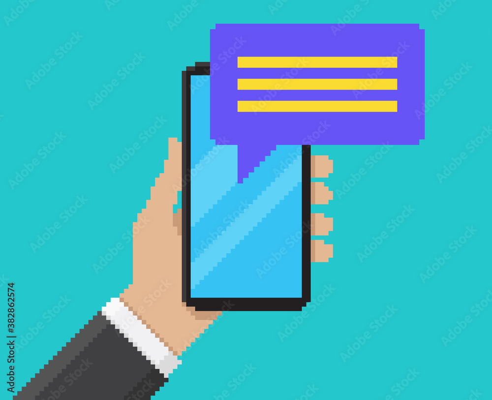 Pixel art vector illustration of hand holding mobile with conversation ...