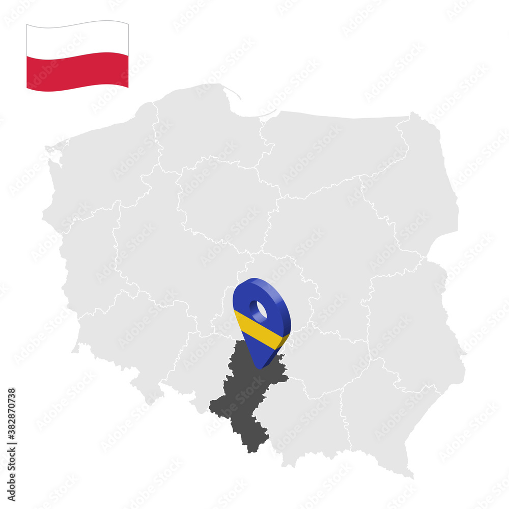 Location of Silesia on map Poland. 3d location sign similar to the flag ...