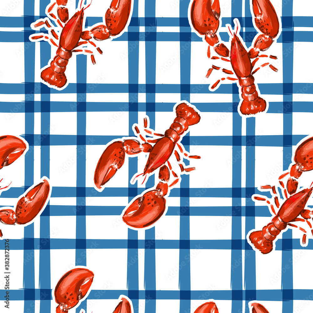 Trendy hand drawn lobster with electric blue check seamless pattern ...
