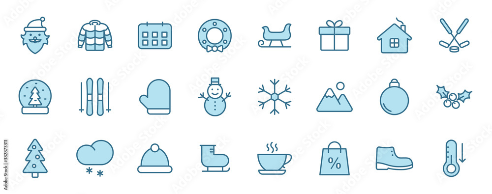 winter line vector icons in two colors isolated on white background ...