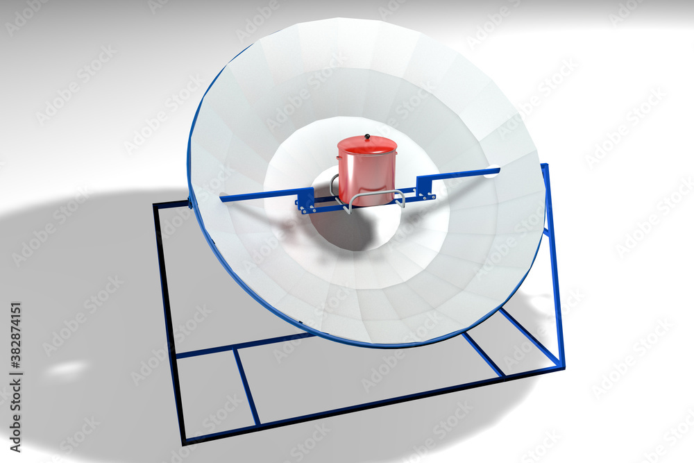 Parabolic solar cooker with blue structure with a red pot on white ...