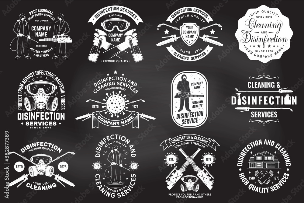 Disinfection and cleaning services badge, logo, emblem. Vector. For ...