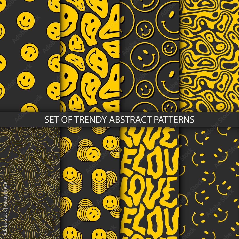 Set of 8 vector trendy patterns with smileys. Hippie indi textures with ...