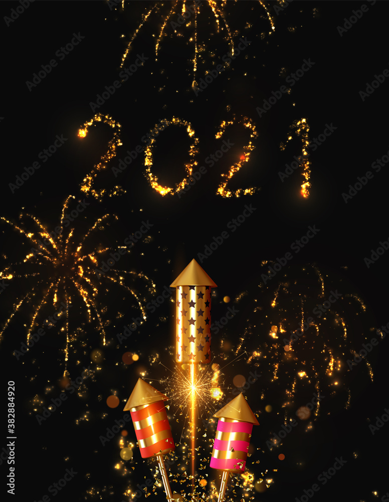 Happy New Year 2021. Fireworks set rocket with glitter confetti ...