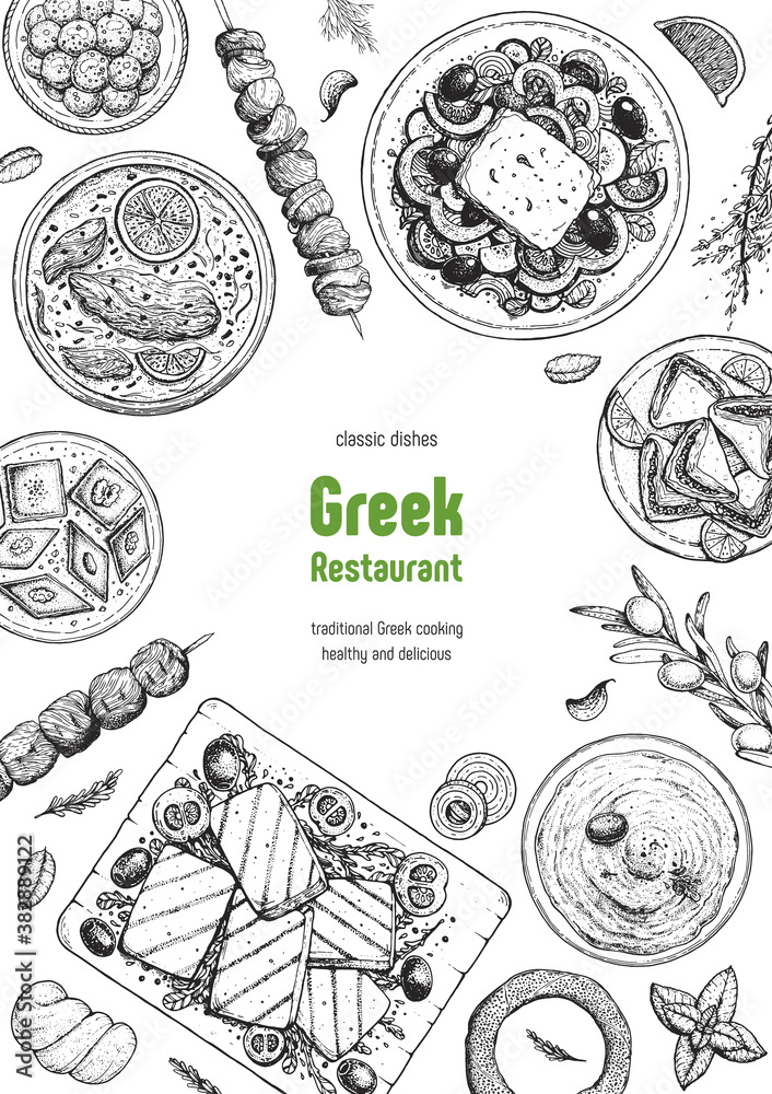Greek cuisine top view frame. A set of greek dishes with greek salad ...