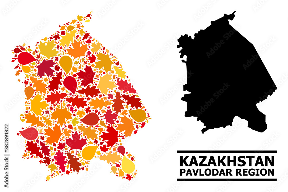 Mosaic autumn leaves and usual map of Pavlodar Region. Vector map of ...