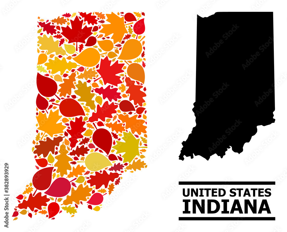 Vecteur Stock Mosaic autumn leaves and solid map of Indiana State ...