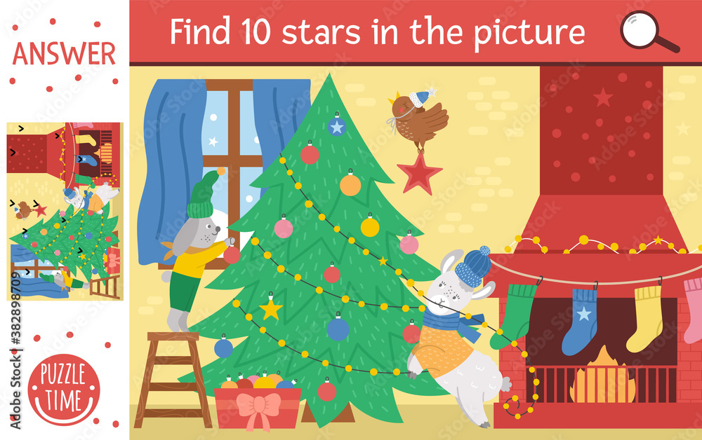 Vector Christmas searching game with cute animals and fir tree. Find ...