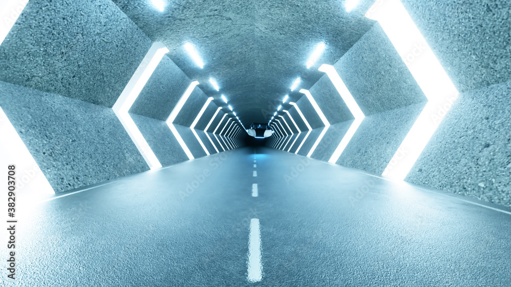 Futuristic long tunnel with flying cars. Robots in the driver's seat ...