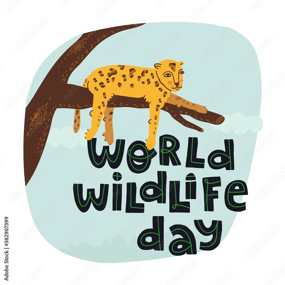 World wildlife day hand drawn lettering text with fun leopard lying on ...