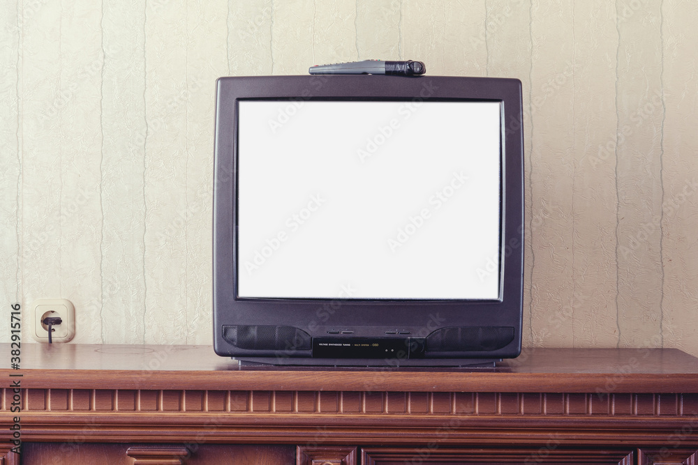 old vintage tv screen with empty white place for mockup in apartment ...