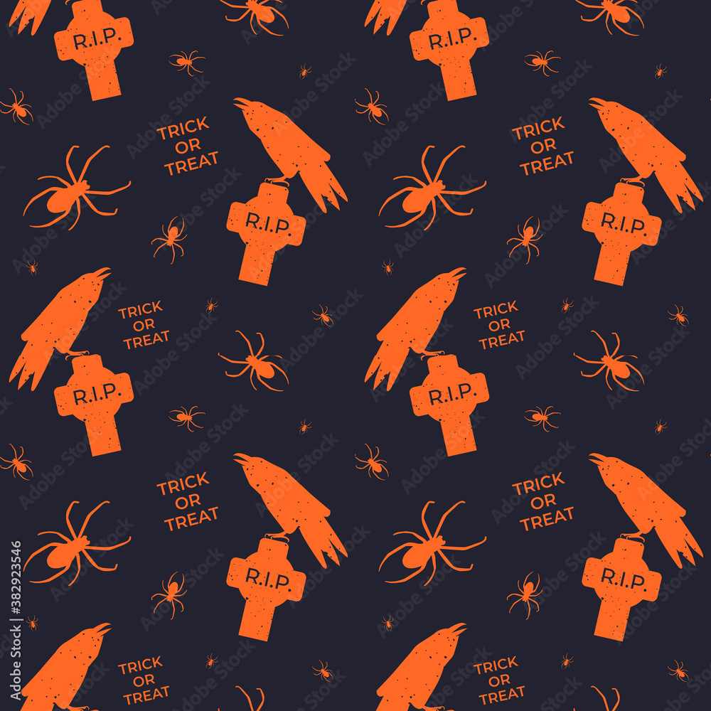 Vector seamless horror pattern for Helloween. Raven or crow sitting on ...