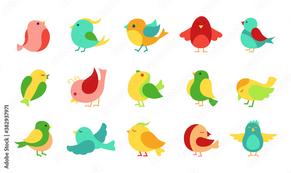 Bird in different pose cartoon set. Cute colorful little flying birds ...