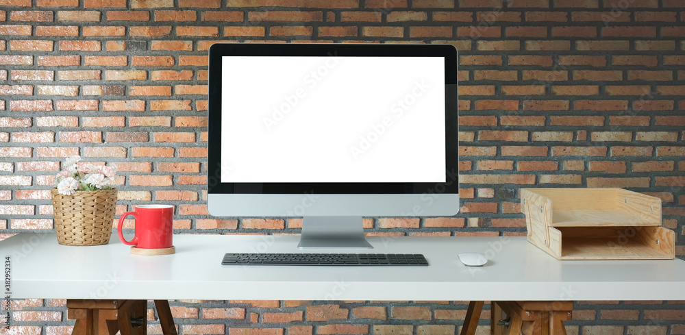 Work place with blank screen computer pc and office supplies on white ...