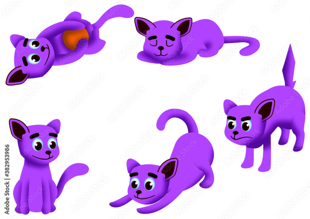 Cartoon Cat Set With Different Poses And Emotions Vector Cat Behavior