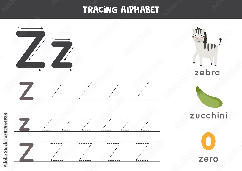 Z is for zebra, zero, zucchini. Tracing English alphabet worksheet ...
