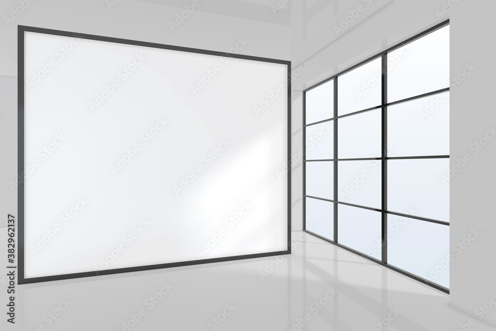 Blank white banner in empty open space office with big window. Mock up ...