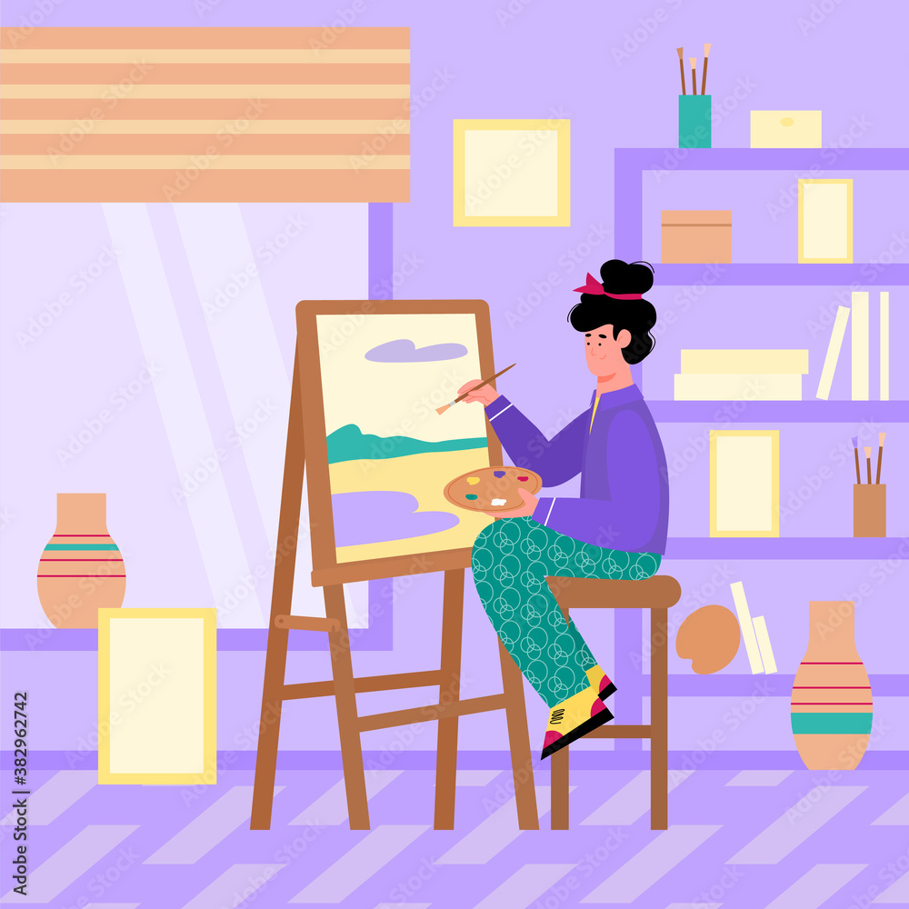 Cute artist female cartoon character painting on canvas, flat vector ...
