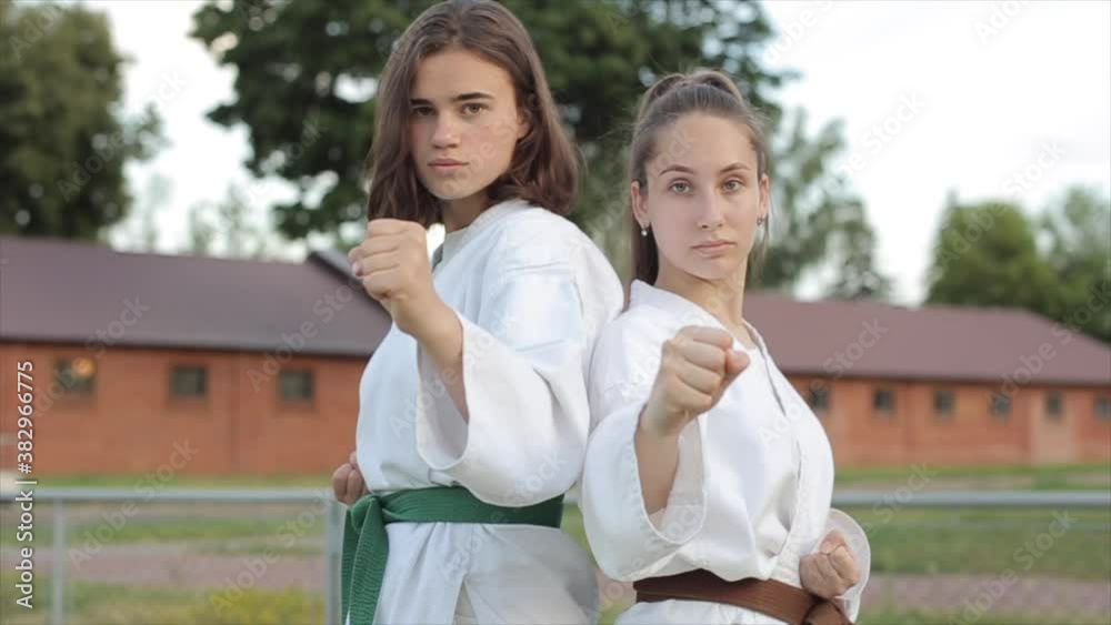 Female athletes in karate training show basic stances in technique ...