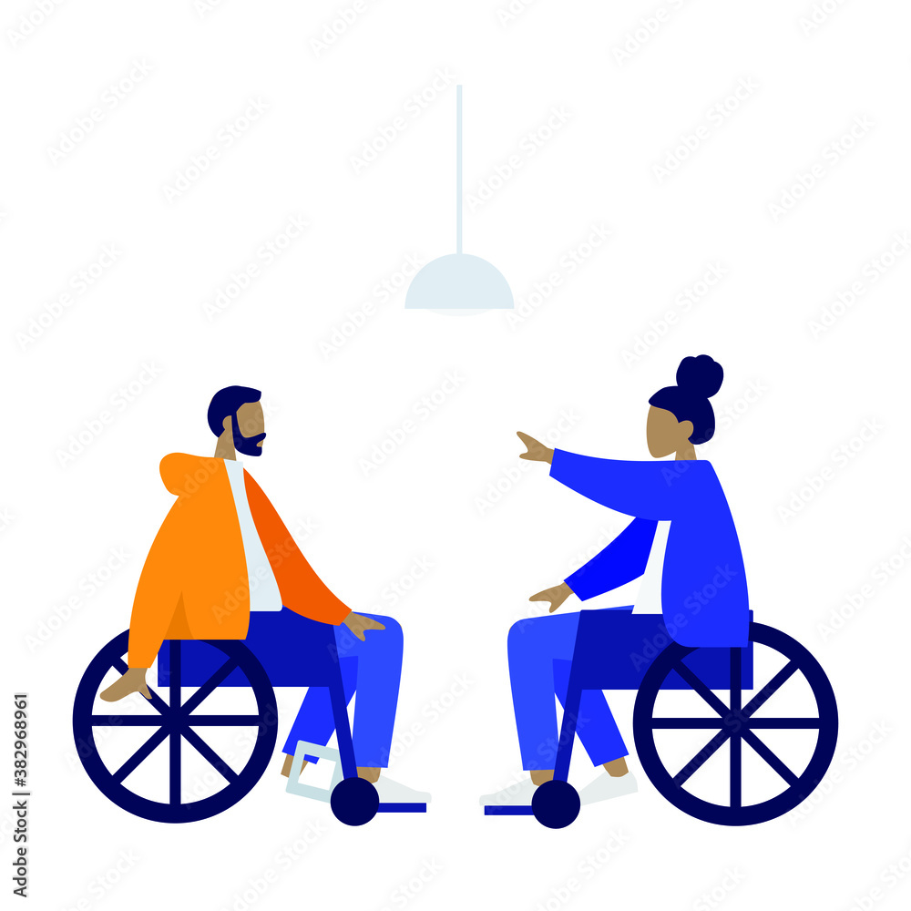 Two disabled people sitting in a wheelchair are talking each other in a ...