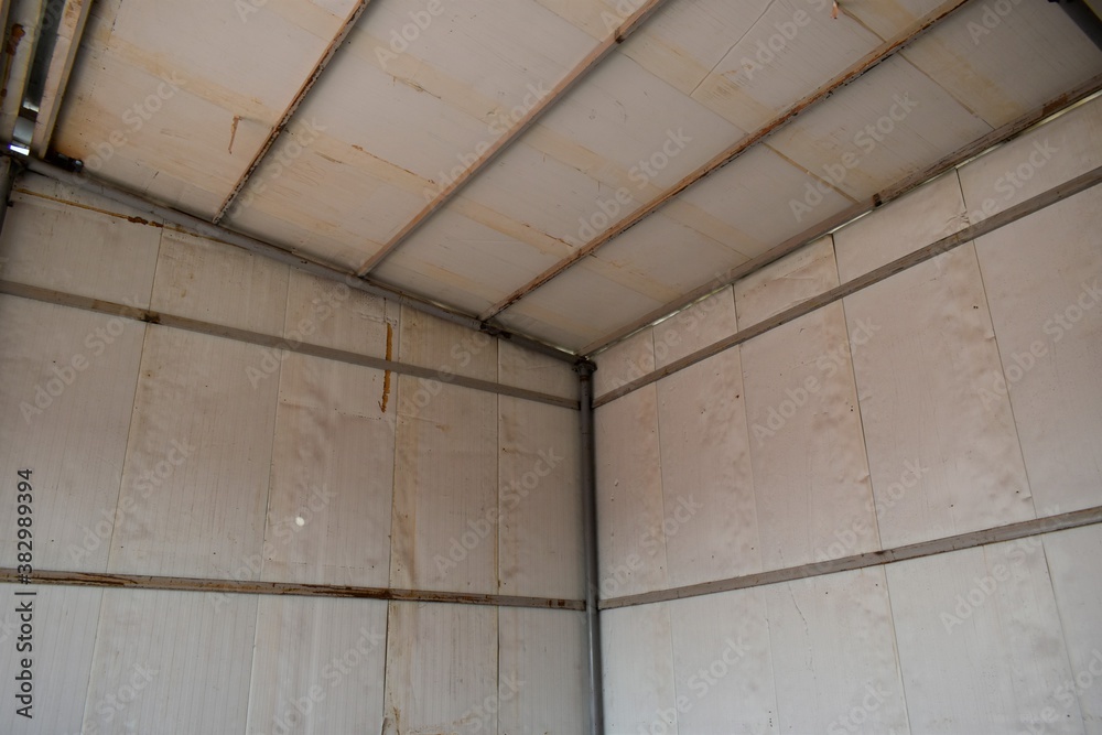 Sandwich panel. Industrial warehouse construction and interior view of ...