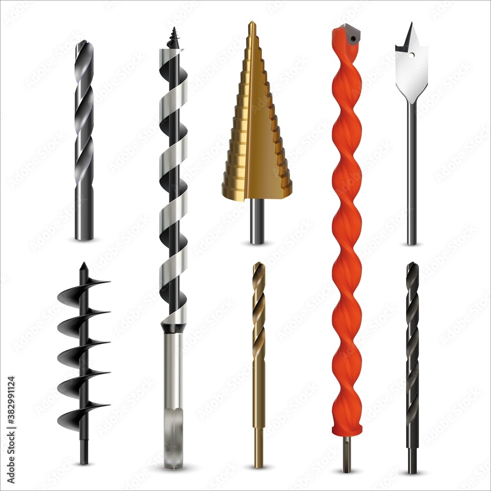 Poster Affiche Vector realistic drill bits and auger for various types of materials on white background 40x40 cm