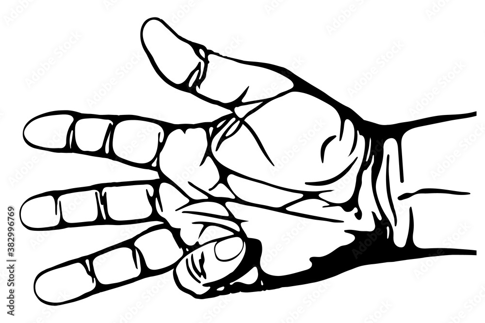 Hand gesture - four fingers set aside, including the thumb. Black and ...