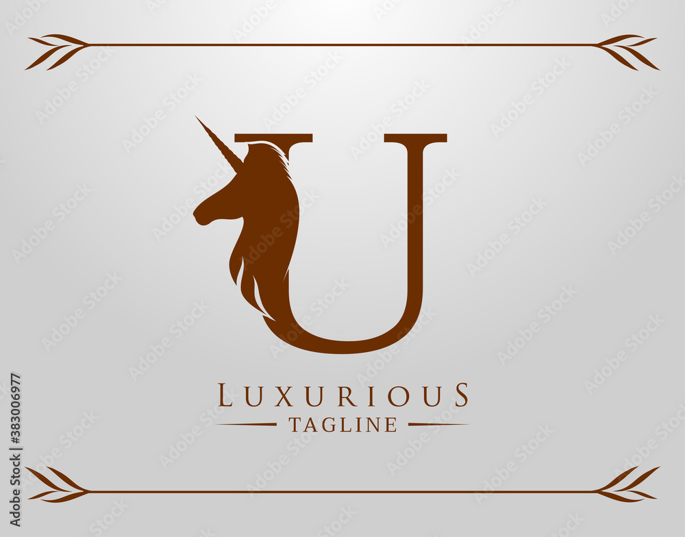 Capital Letter U with a Unicorn. Royal Logo. King Stallion in Jump ...
