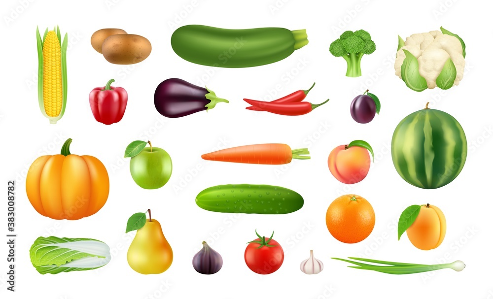 Realistic fruits vegetables. Big harvest clipart, isolated fresh farm ...