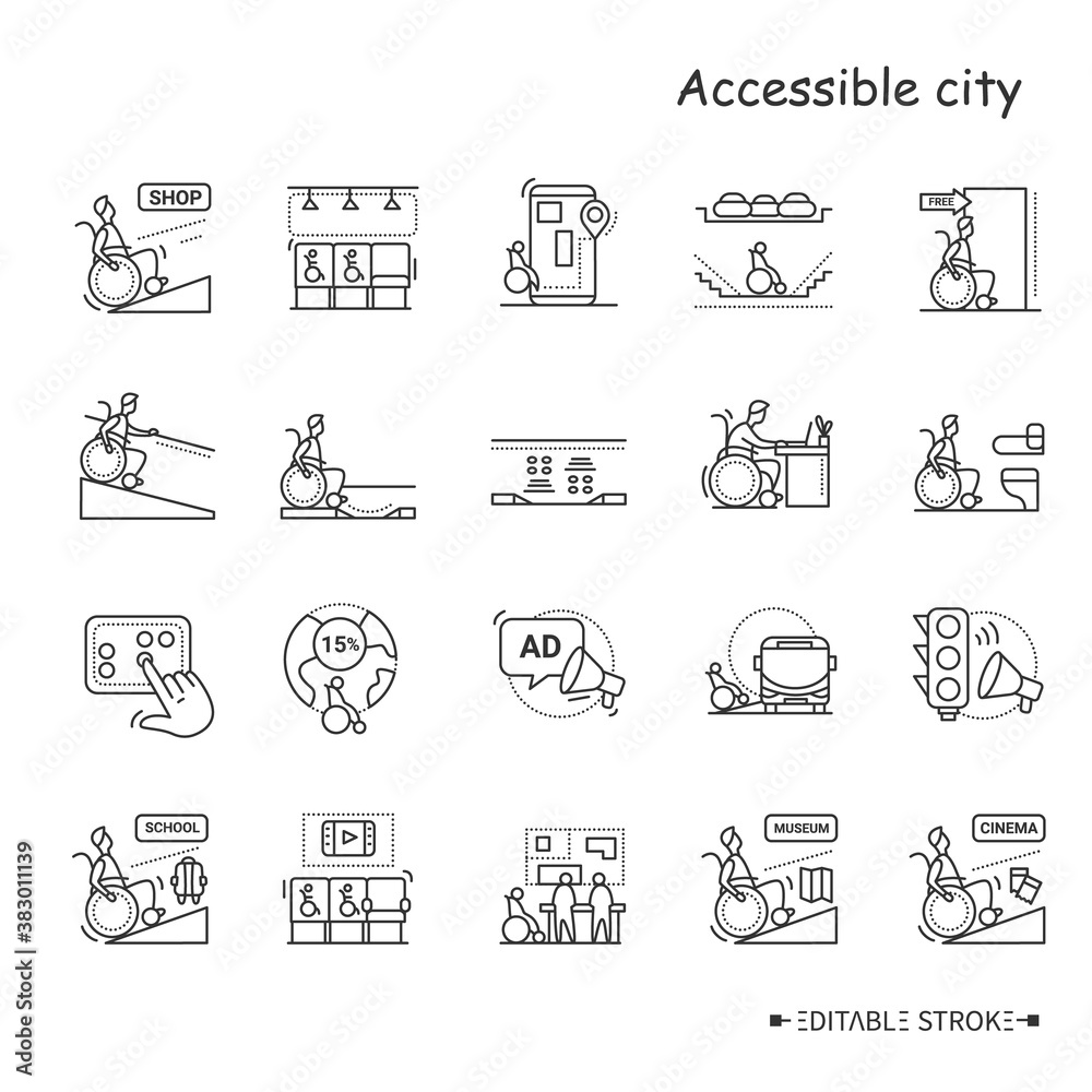 Assesible city line icons set. Accessible for disabled people public ...