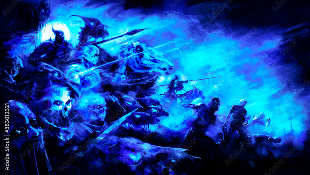 An army of undead on ghostly horses in broken armor rushes forward into ...