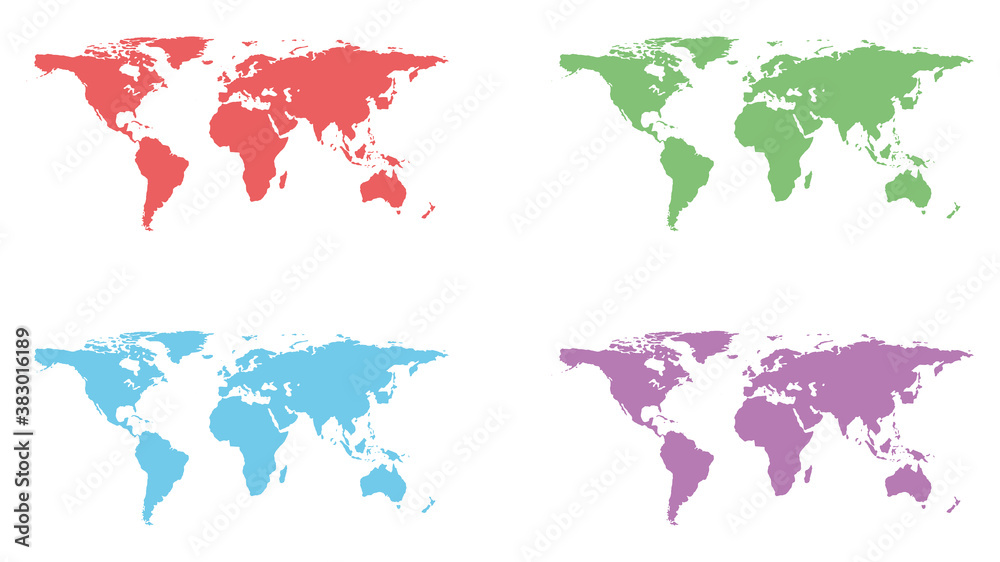 Set of different color world maps isolated on white background. Map of ...