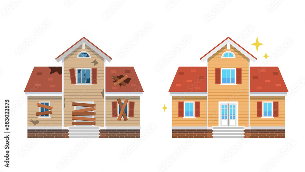 Home renovation before and after. Facade new and old suburban cottage ...