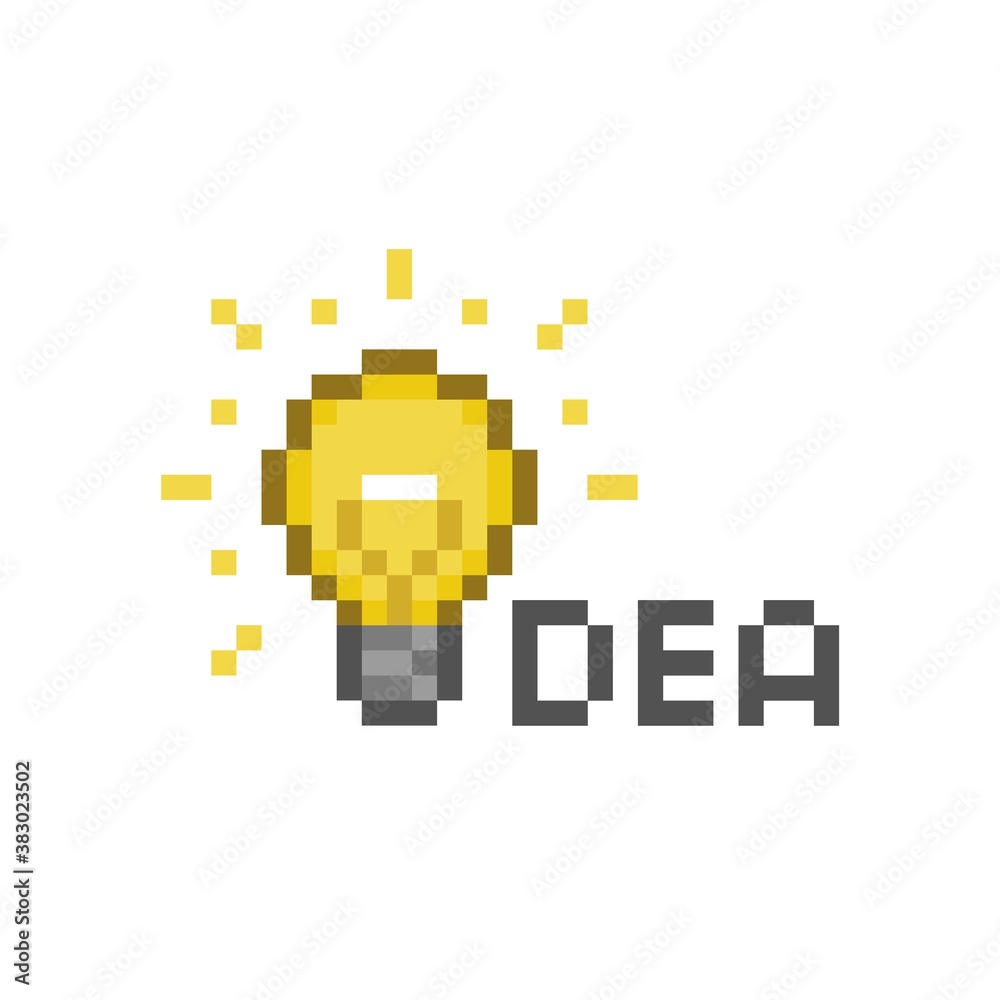 Pixel art 8-bit light bulb and idea text on white background - isolated ...