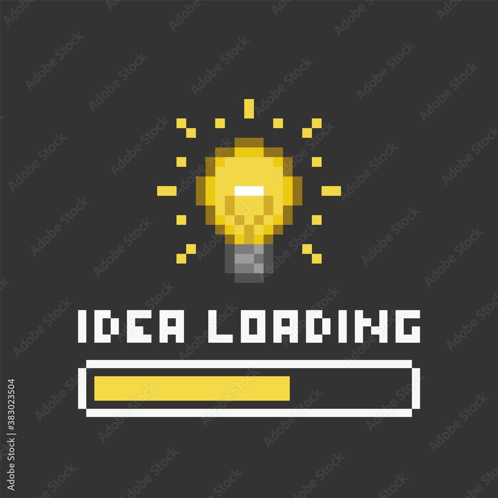 Pixel art 8-bit light bulb and idea loading yellow bar on black ...