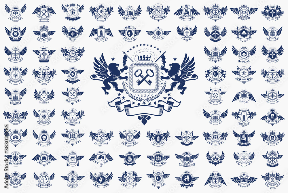 Classic style emblems big set, ancient heraldic symbols awards and ...