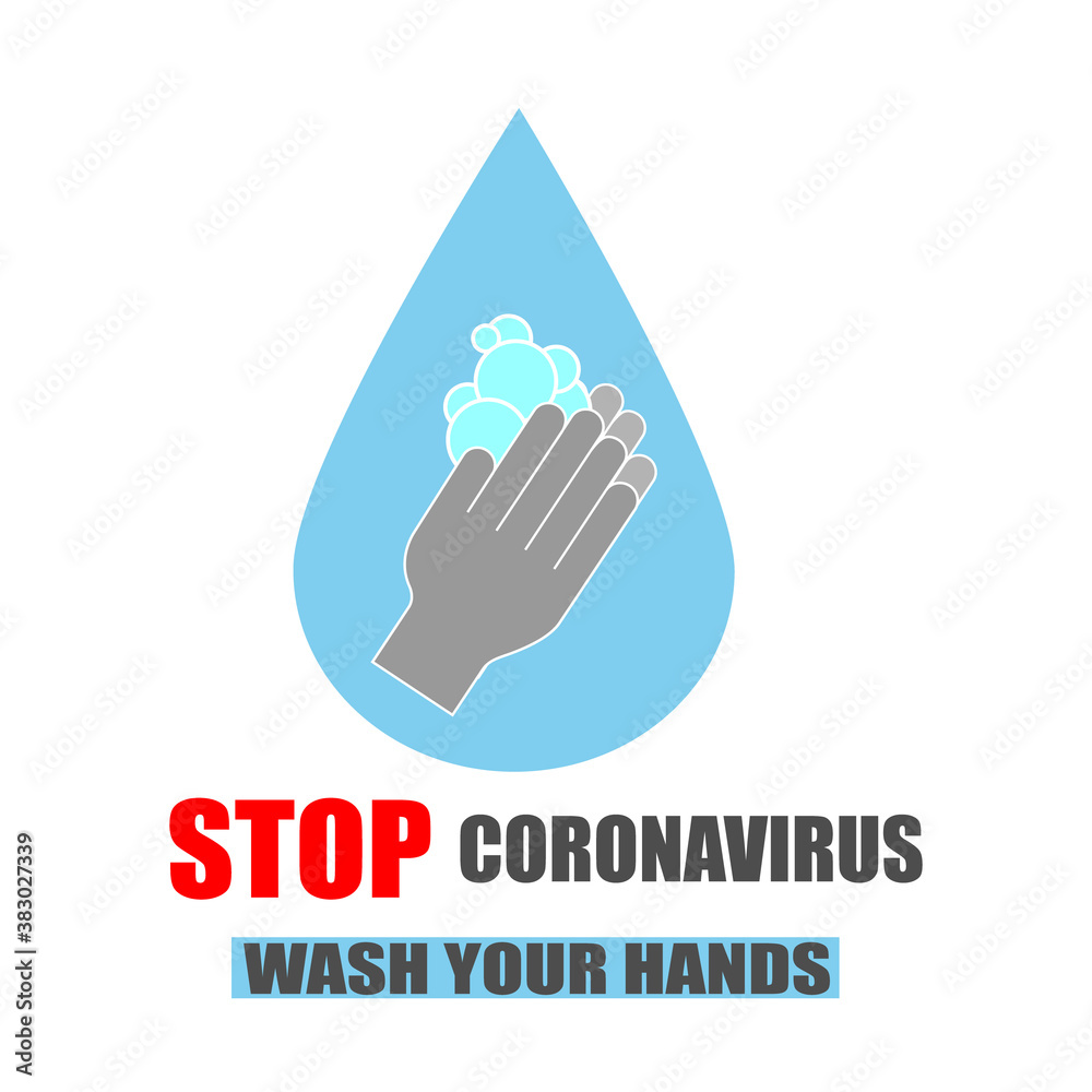 A warning sign shows hands holding soap under a stream of water from a ...