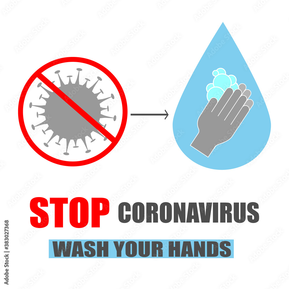 A warning sign shows hands holding soap under a stream of water from a ...