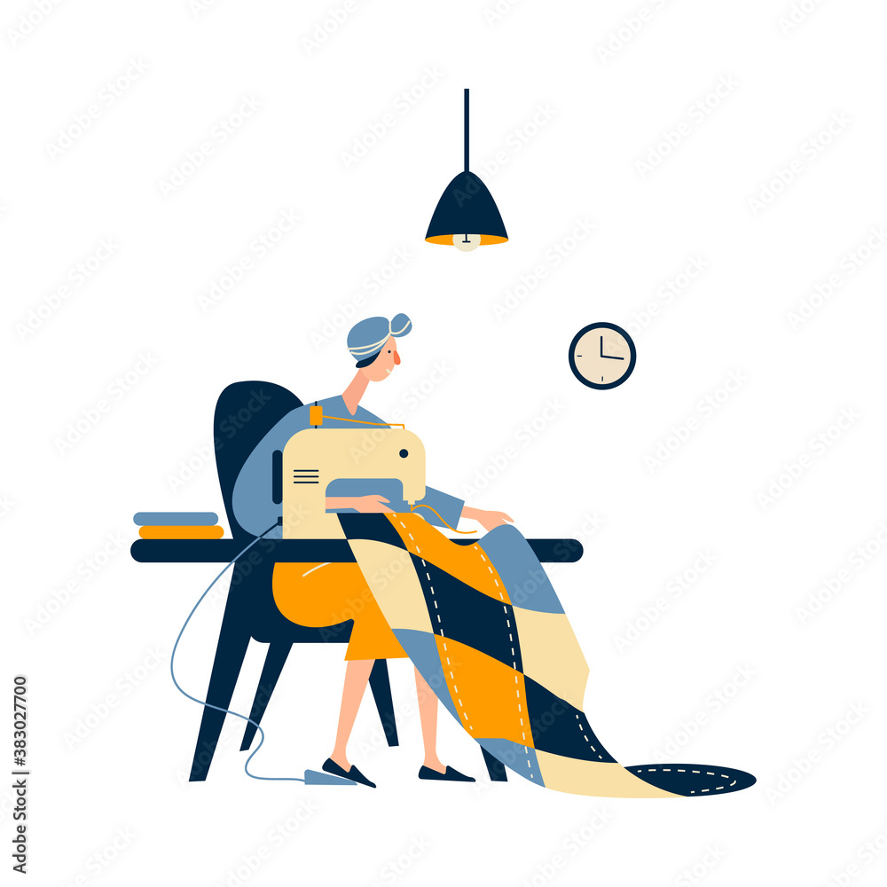 Girl sitting at desk with sewing machine and enjoying her hobby ...