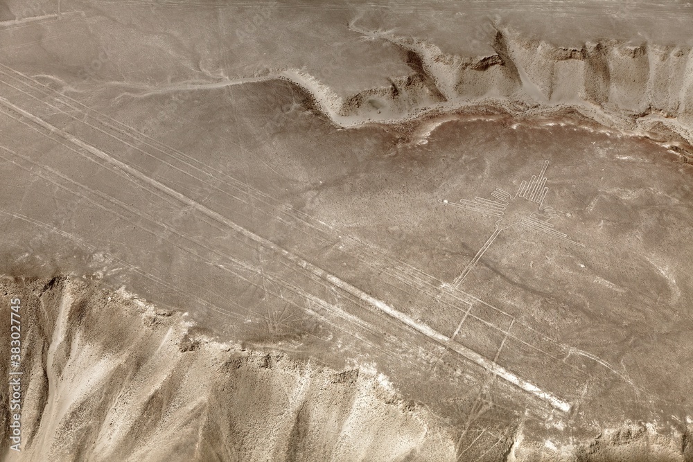 Hummingbird geoglyph, Nazca mysterious lines, Peru Stock Photo | Adobe ...