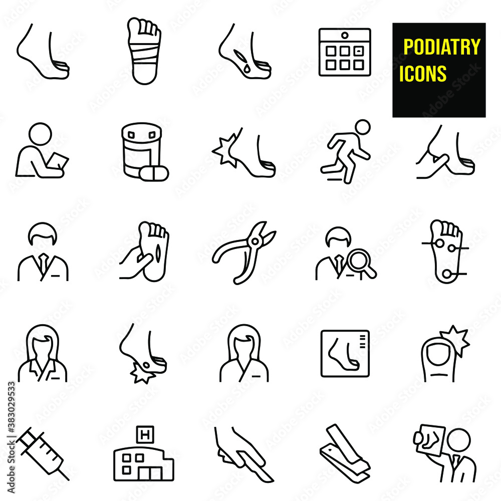 Podiatry Thin Line Icons - stock illustration. a foot, bandaged foot ...