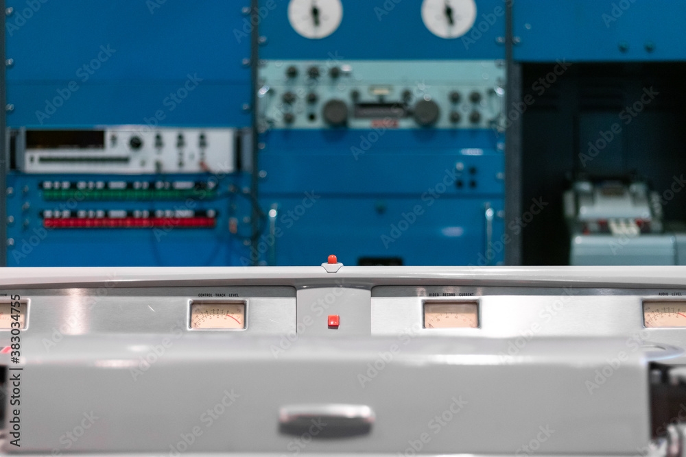 Nuclear plant command center. Close up of dashboard and switches used ...
