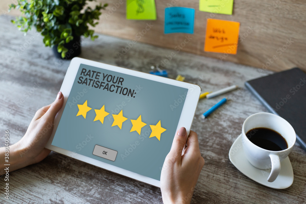 Rate your experience. Customer satisfaction review. Five star on device ...