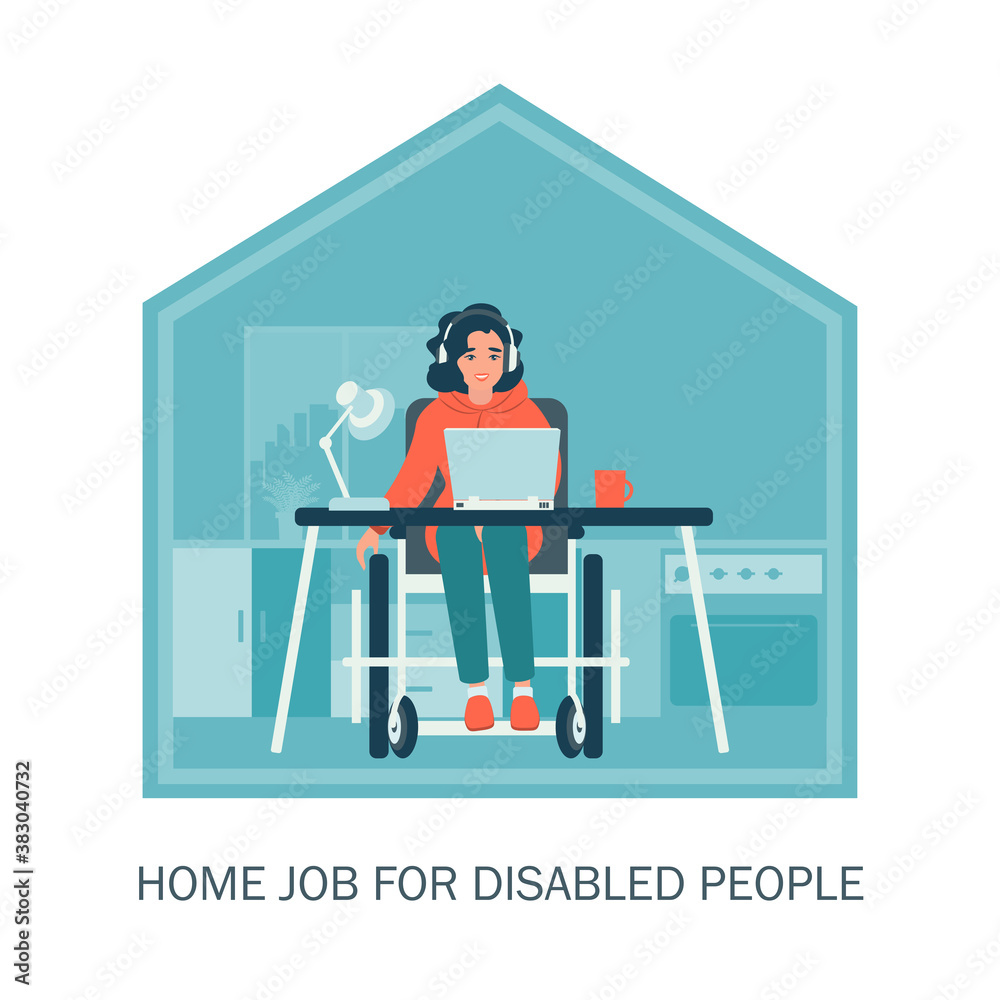 Disabled Person in Wheelchair Working on Computer Desk in Home Office ...