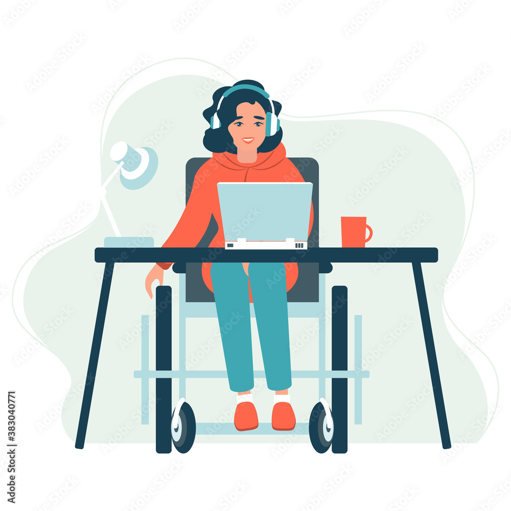 Disabled Person in Wheelchair Working on Computer Desk in Home Office ...