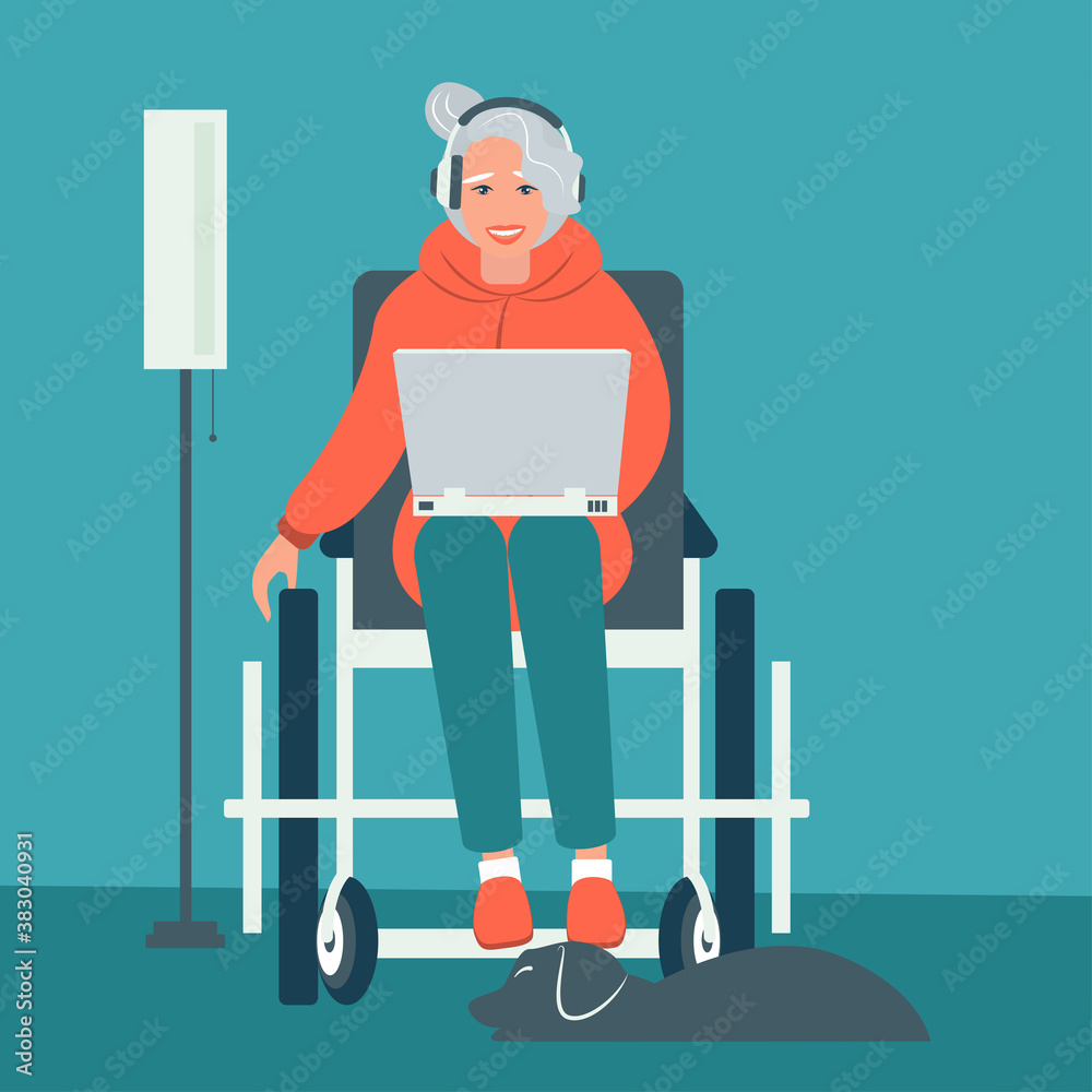 Disabled Person in Wheelchair Working on Computer Desk in Home Office ...