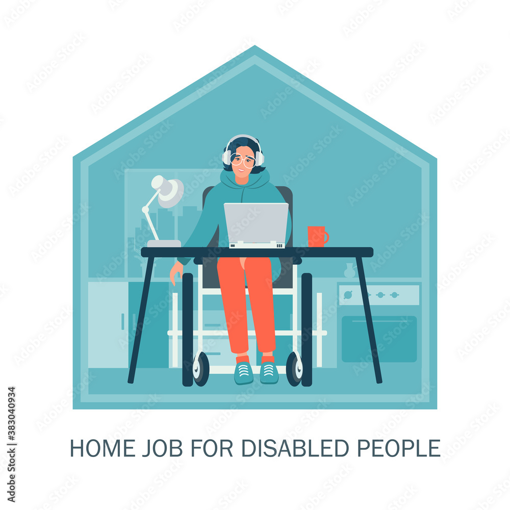 Disabled Person in Wheelchair Working on Computer Desk in Home Office ...