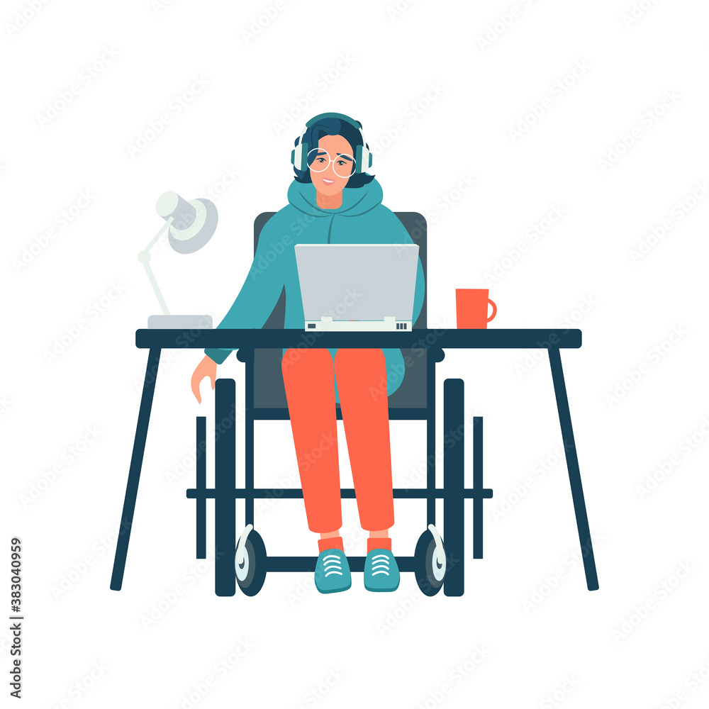Disabled Person in Wheelchair Working on Computer Desk in Home Office ...