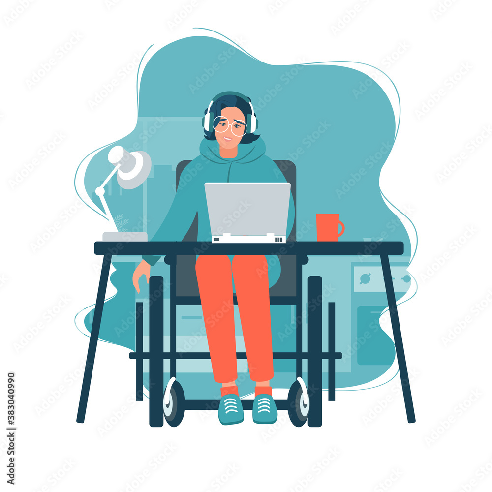 Disabled Person in Wheelchair Working on Computer Desk in Home Office ...